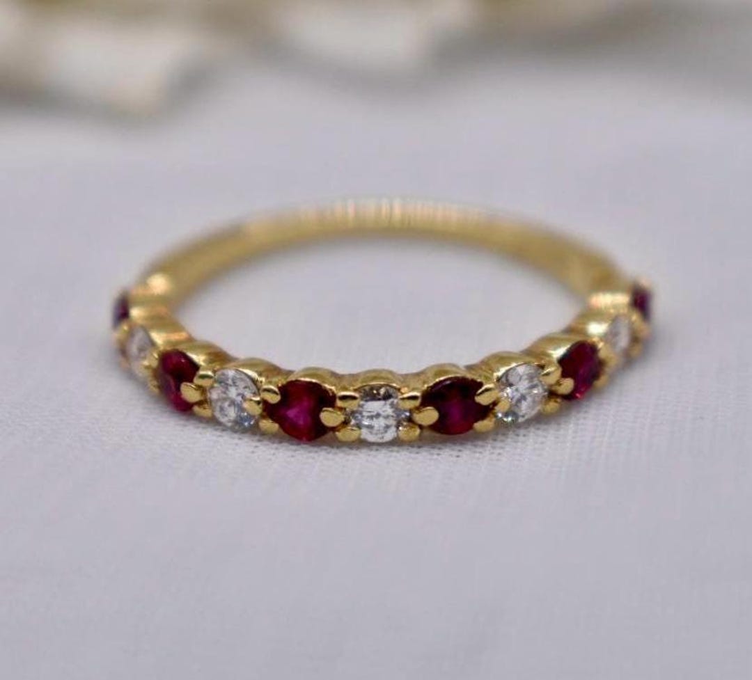 Vintage 18K Yellow Gold Ruby and Diamond Stackable Band - Etsy
