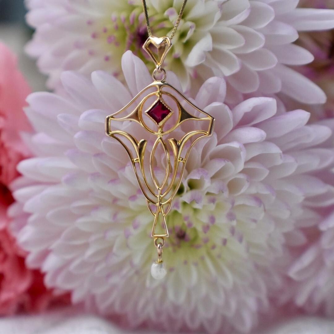10K & 14K Yellow Gold Victorian Pearl and Ruby Lavalier Floral Necklace ...