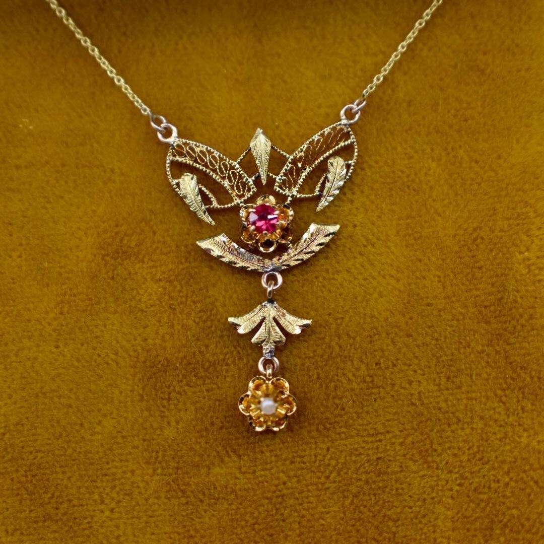 14K Yellow Gold Victorian Seed Pearl and Ruby Lavalier Floral Necklace ...