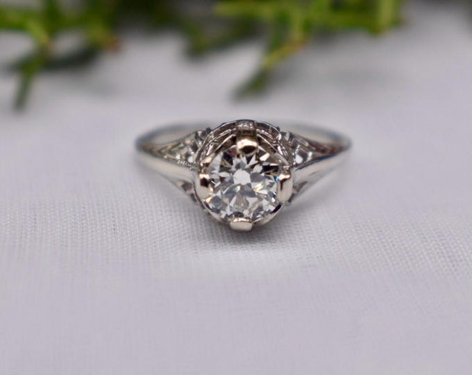 18K White Gold Vintage Art Deco Filagree Old European Cut Diamond ...