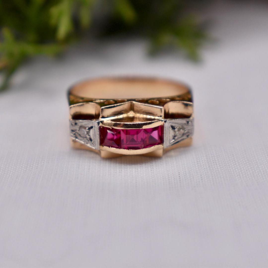 18K Rose Gold Vintage Channel Set Ruby & Diamond Retro Ring - Etsy