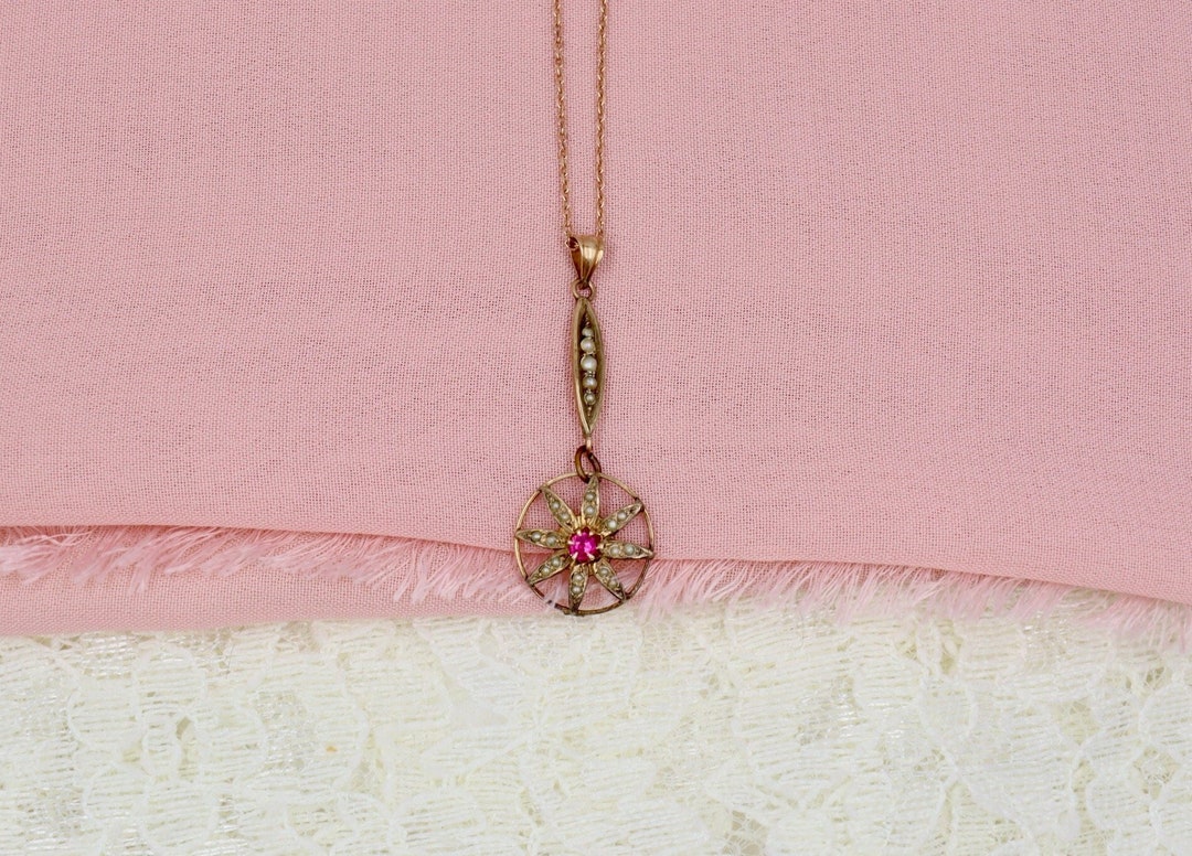 10K Rose Gold Victorian Seed Pearl and Ruby Lavalier Floral Necklace - Etsy