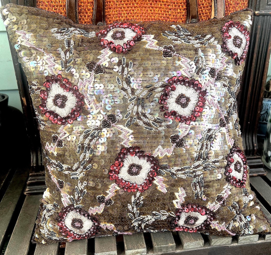 Throw Pillows. Set of 2. Victorian Style Olive Green Satin With Maroon ...