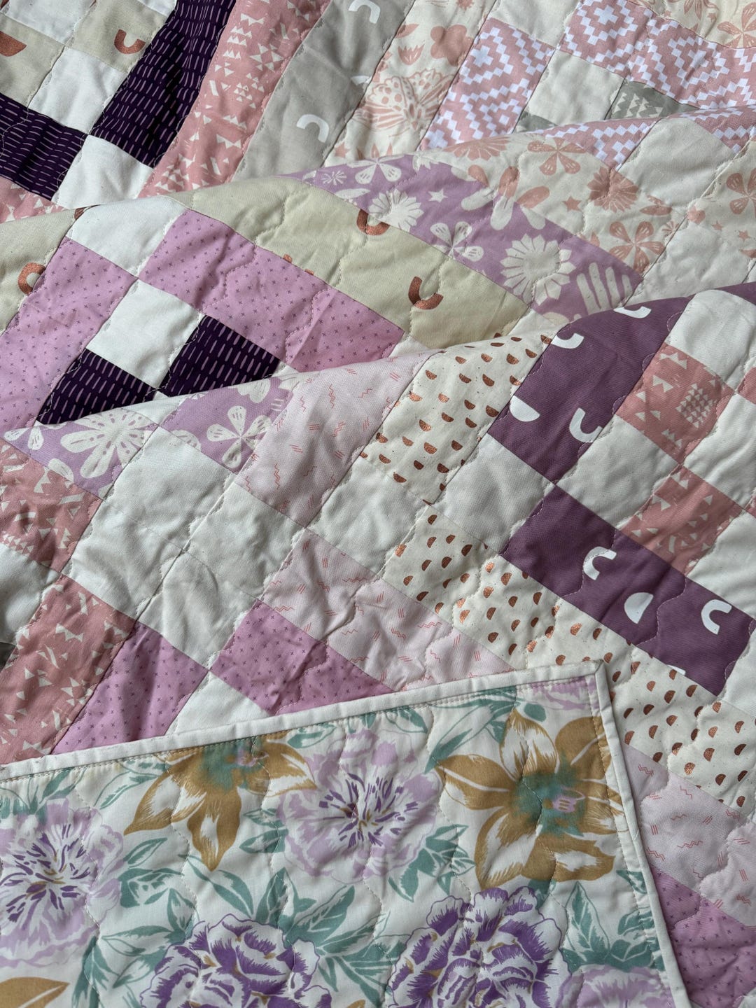 Alabama Block Quilt Large Throw in Moonrise Fabric, Purples and Pinks ...