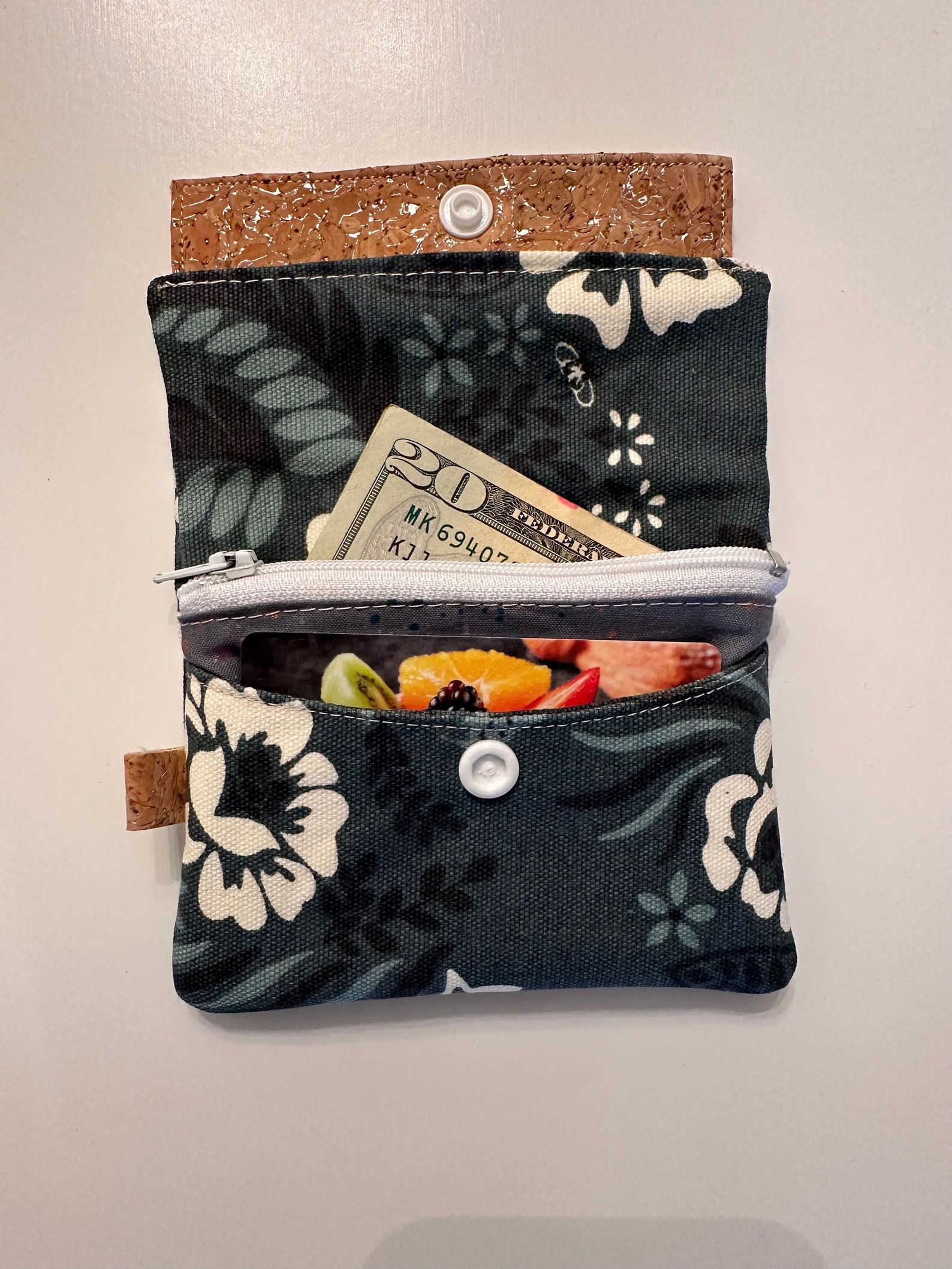 Blue and White Flowered Canvas Minimalist Wallet With Zippered Coin ...