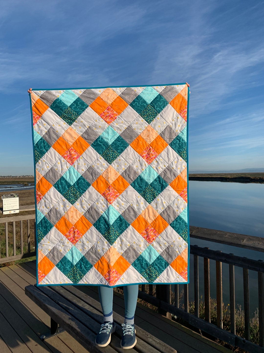 Seeing Double Quilt Throw in Blues, Oranges and Grays - Etsy