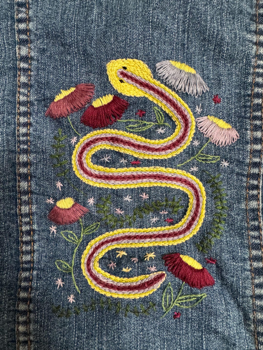 Hand Embroidered Snake With Flowers on Jean Vest, Women's Size M - Etsy