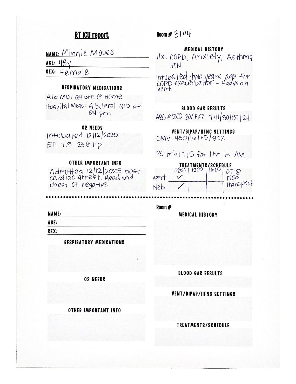 Respiratory Therapist ICU Report Sheet / RT Assignment Sheet / ICU ...