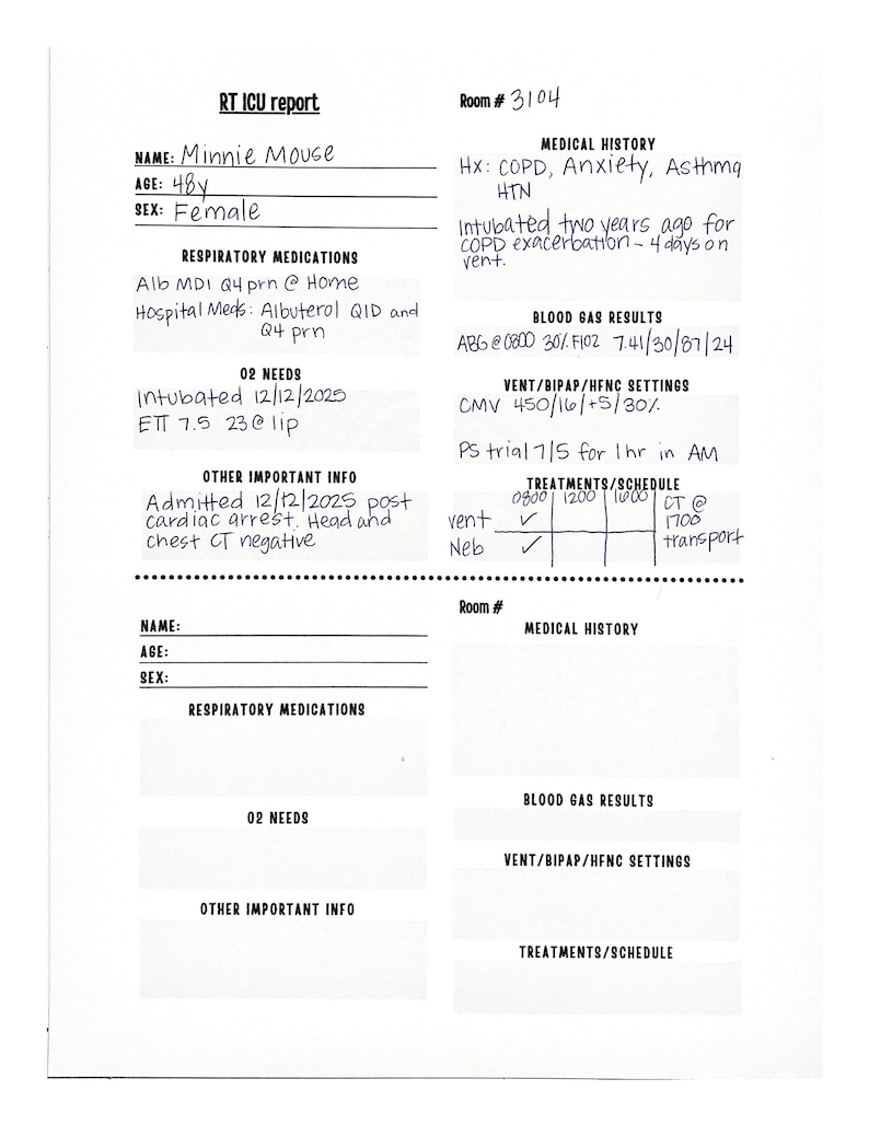Respiratory Therapist ICU Report Sheet / RT Assignment Sheet / ICU ...