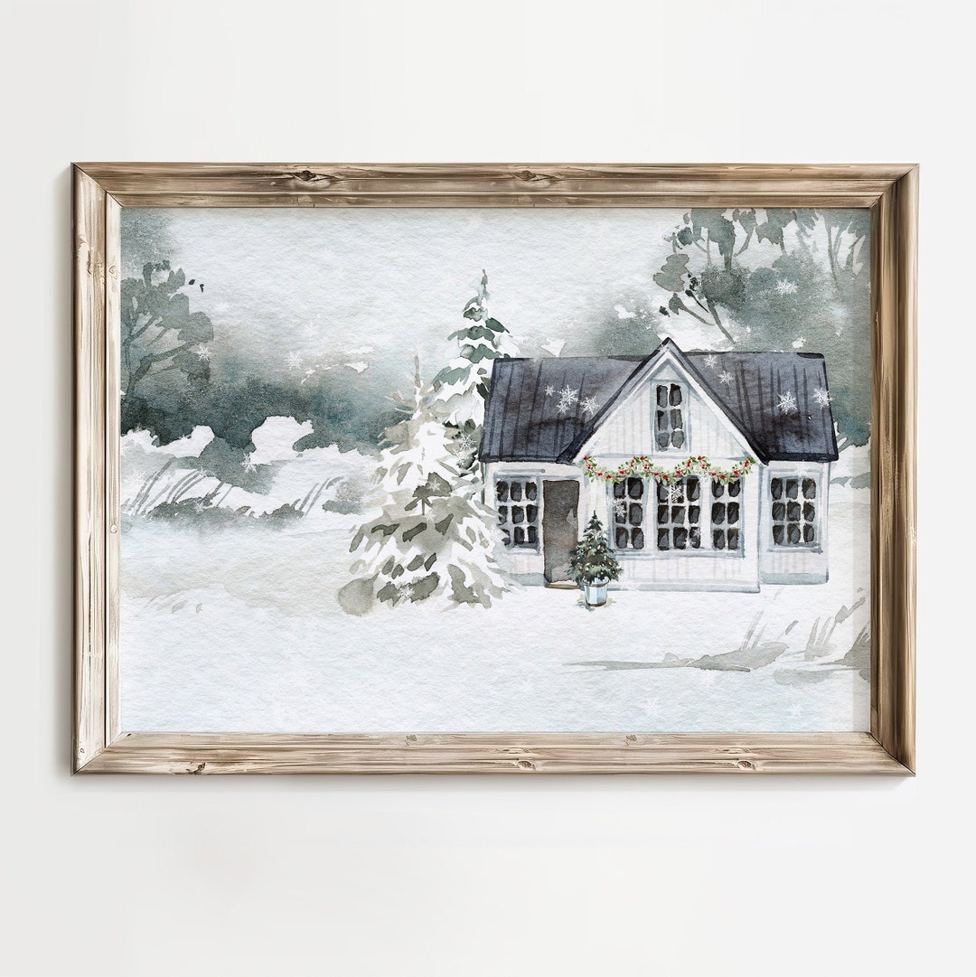 Winter Farmhouse Print, Holiday Wall Art, Moody Winter Print, Christmas ...