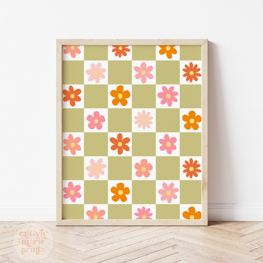 Checkered Flowers Print Floral Wall Art Spring Printable - Etsy