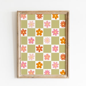 Checkered Flowers Print, Floral Wall Art, Spring Printable, Groovy ...