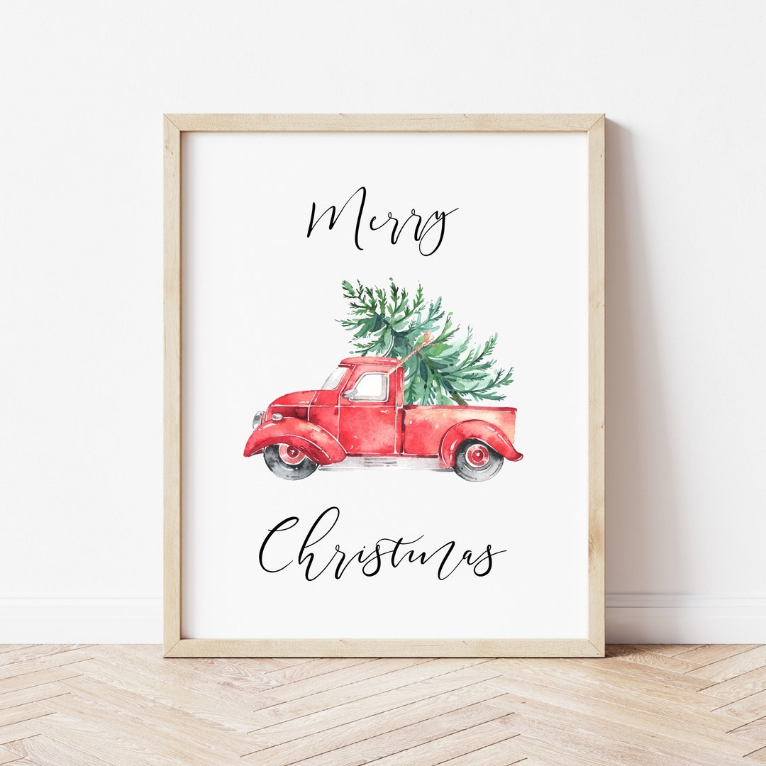 Merry Christmas Printable, Holiday Wall Art, Christmas Truck Print, Red ...
