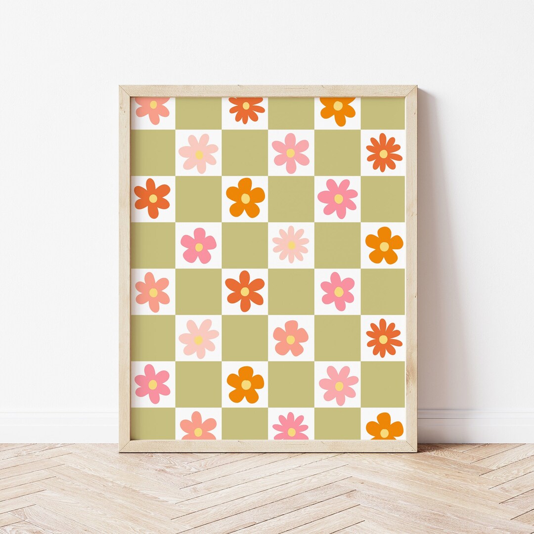 Checkered Flowers Print, Floral Wall Art, Spring Printable, Groovy ...