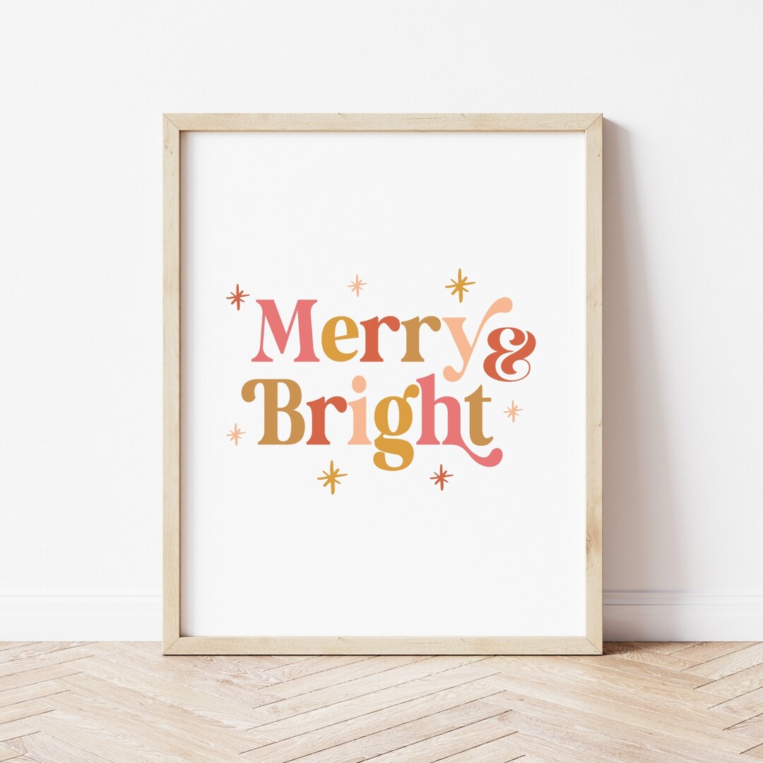Merry & Bright Print, Boho Christmas, Holiday Printables, Pink ...