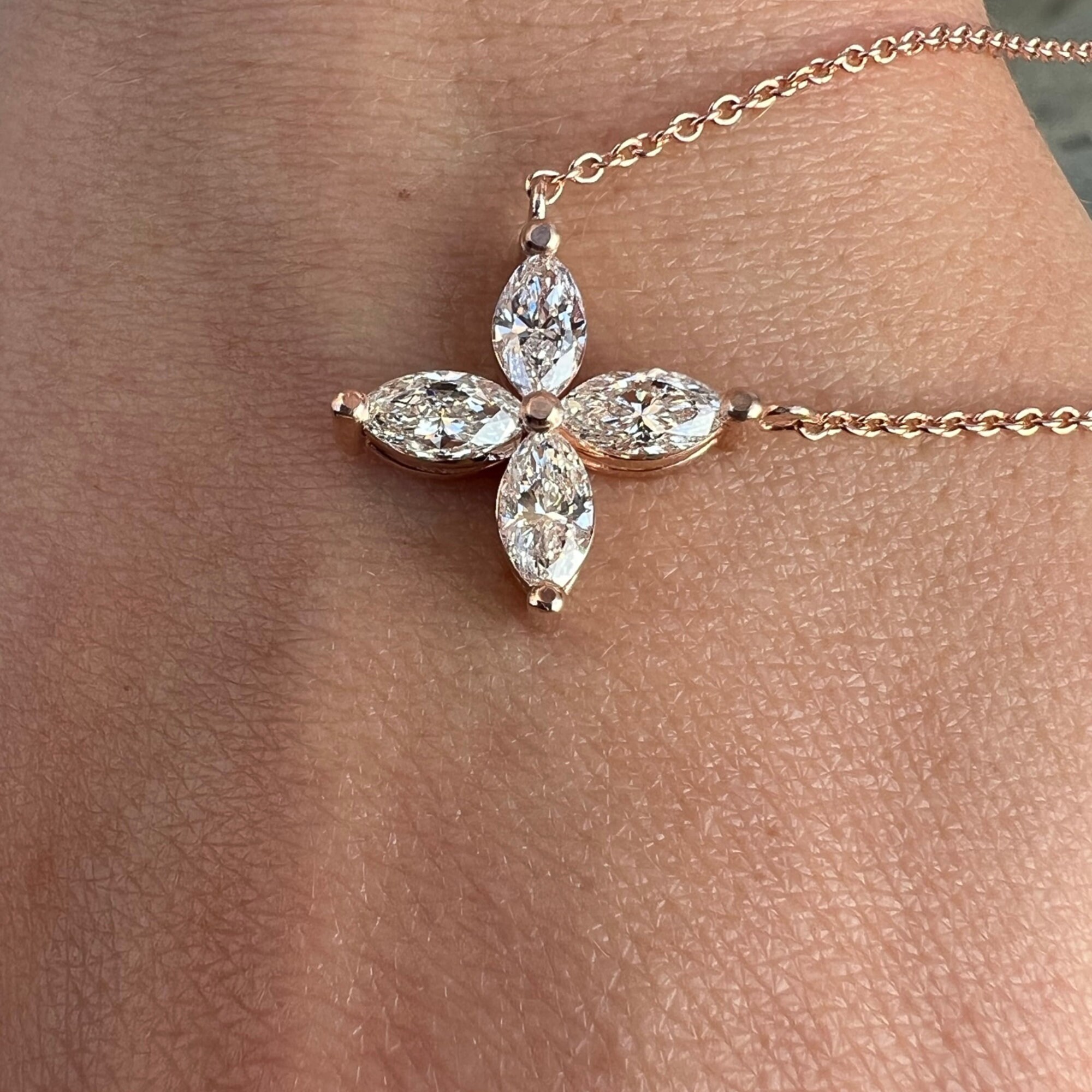 Marquise Diamond Flower Necklace, 14K Solid Gold Diamond Necklace ...