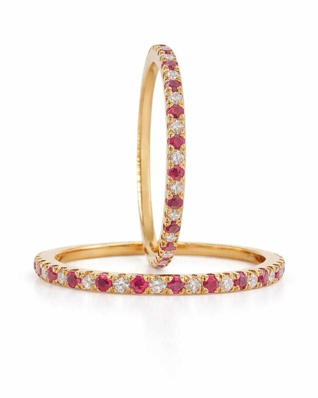 Full Eternity All-around Ring Round Cut Diamond and Ruby Gemstone 14K ...