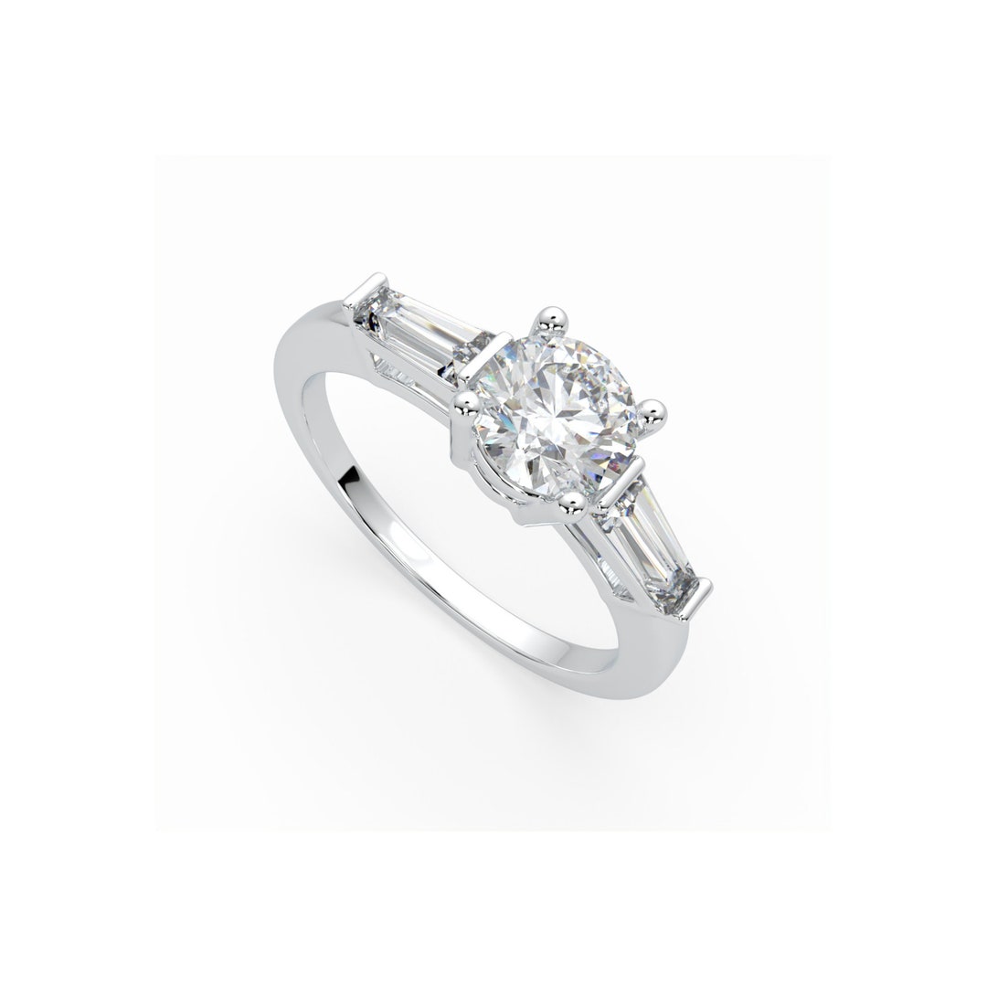 Three-stone Lab Diamond Engagement Ring Round and Two Taper Cut 14K/18K ...
