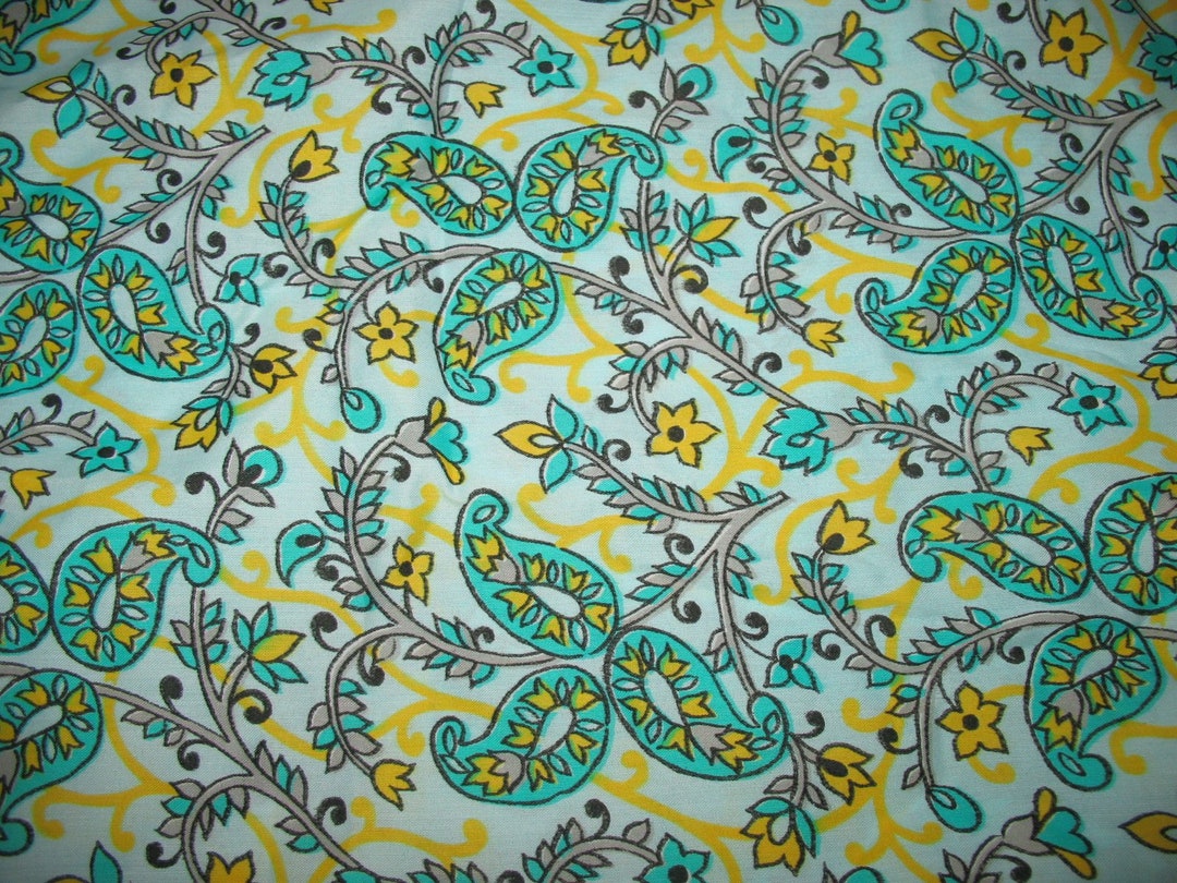 1970's Vintage Paisley Print Fabric 28" Wide X 60" Long Aqua, Bright ...