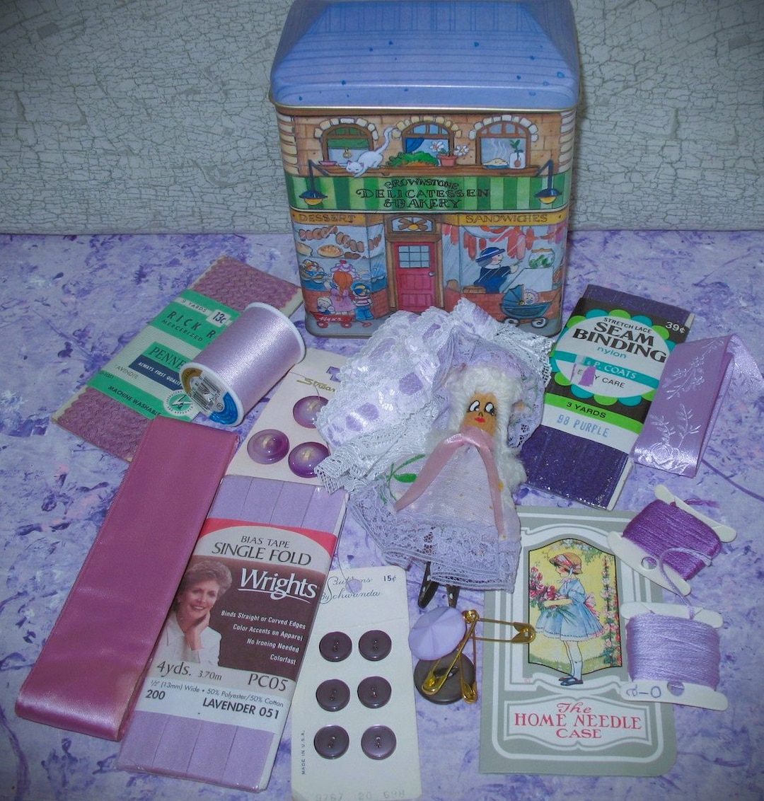 Adorable Tin Filled With Purple Sewing Notions Needle Book Thread ...