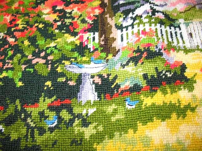 Vintage Needlepoint Ready to Frame: Garden Landscape With Birdbath ...