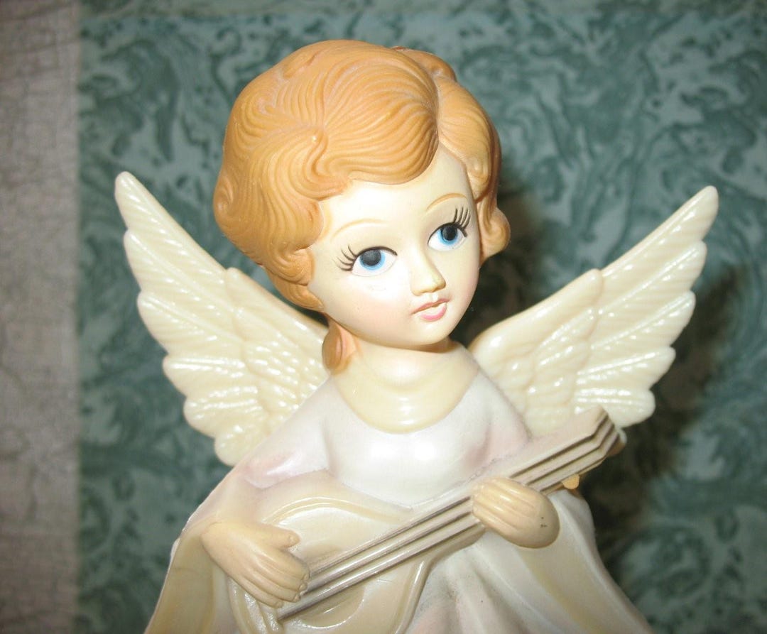 Vintage1973 Hard Plastic Big Eyes Christmas Angel W Lute Rotating ...