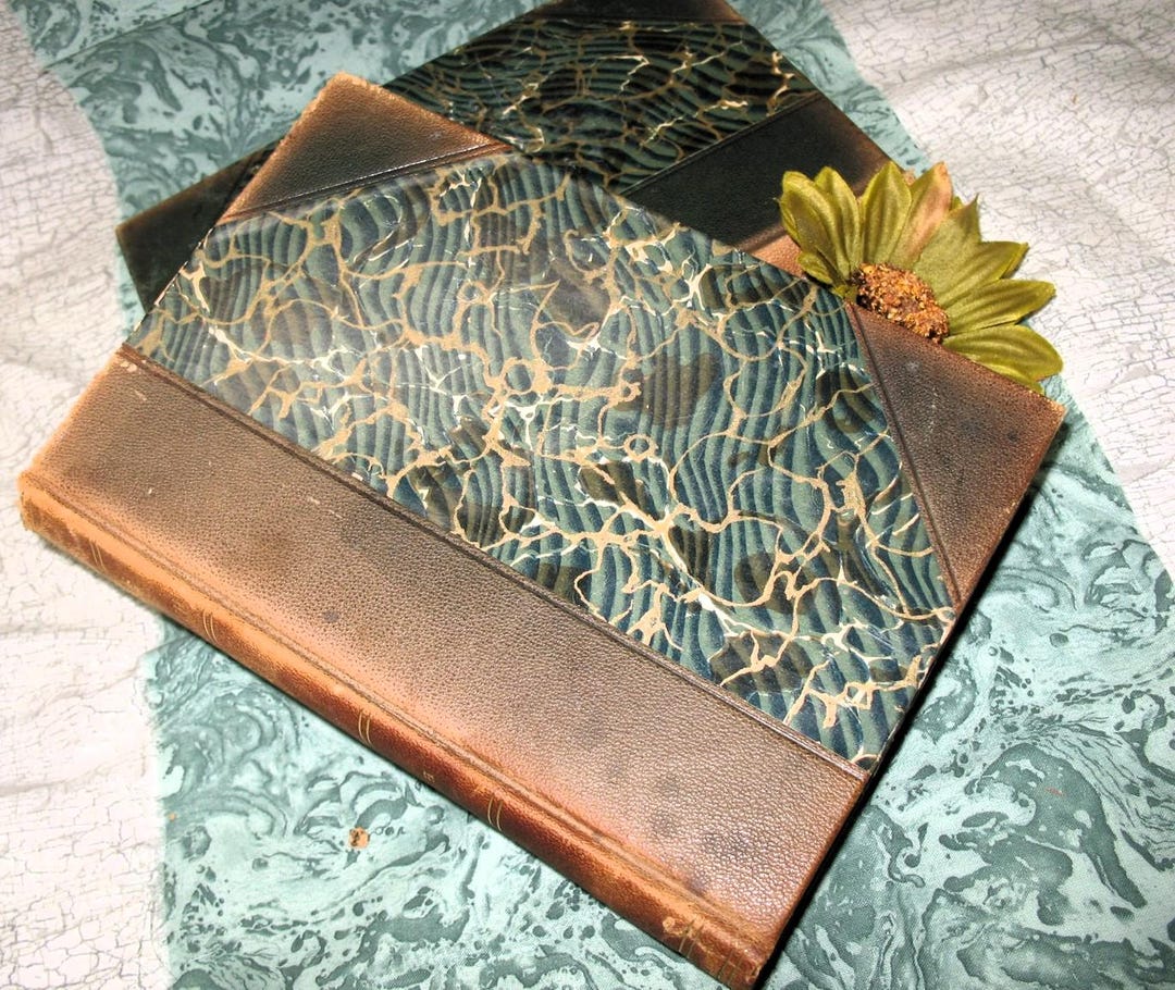 2 Antique Decorative Books Marbleized Boards With Leather Corners and ...