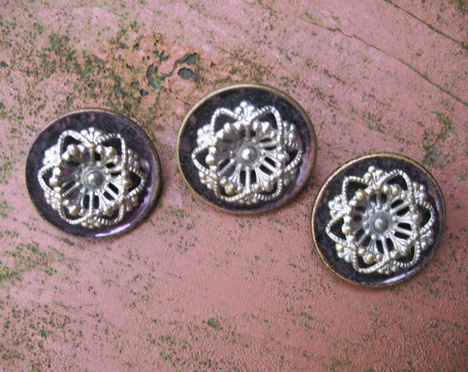 Antique Metal Buttons Set of 3 Fancy Enameled Jacket Buttons With Cut ...