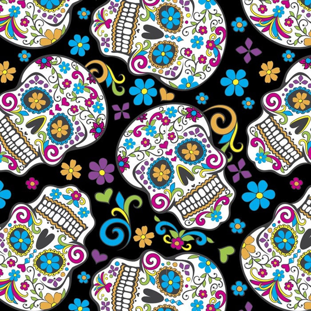 Sugar Skull Fabric, Day of the Dead Material, Gothic Fabric, Gothic ...