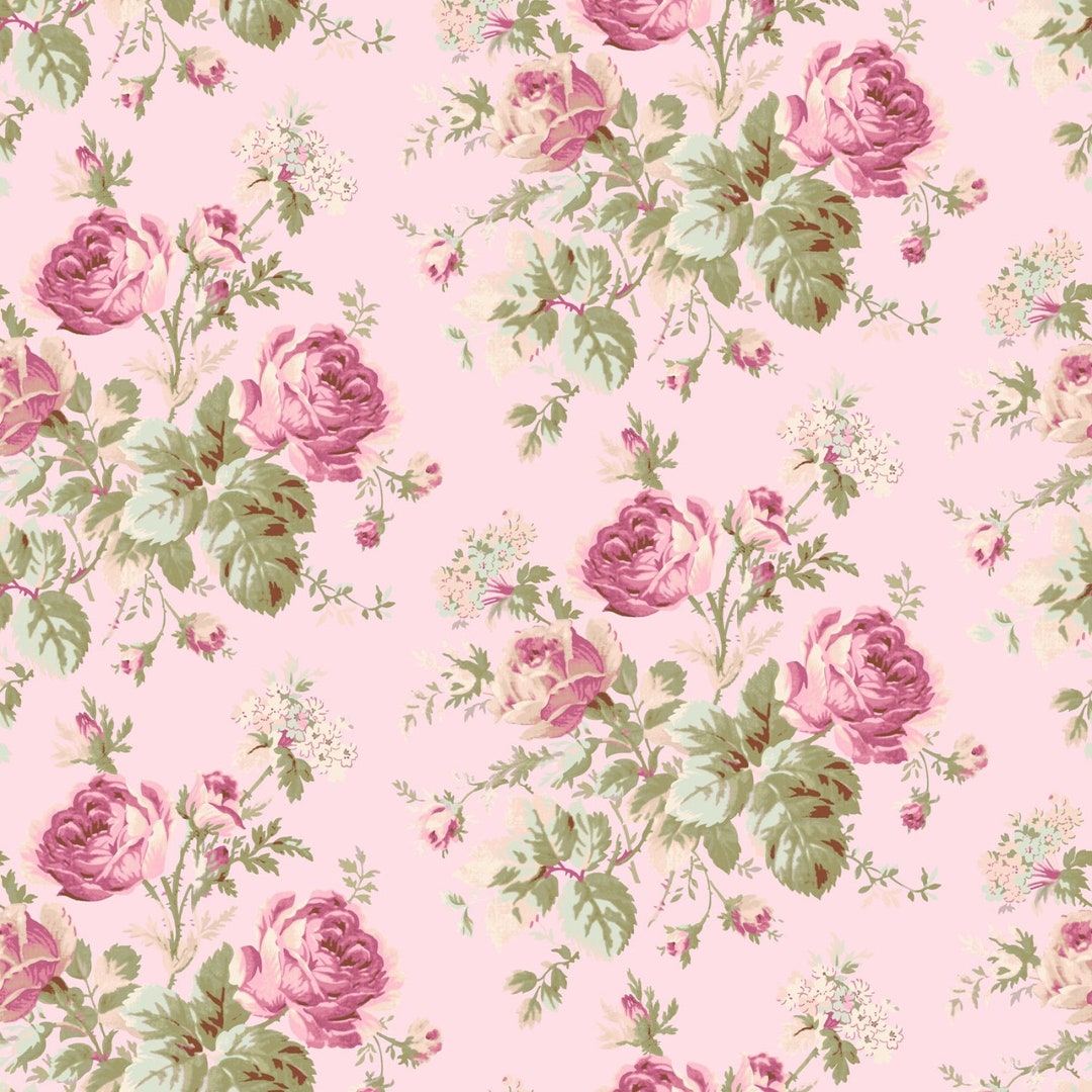 Shabby French Roses Fabric, Pink Rose Cotton, Pink Cabbage Roses Fabric ...