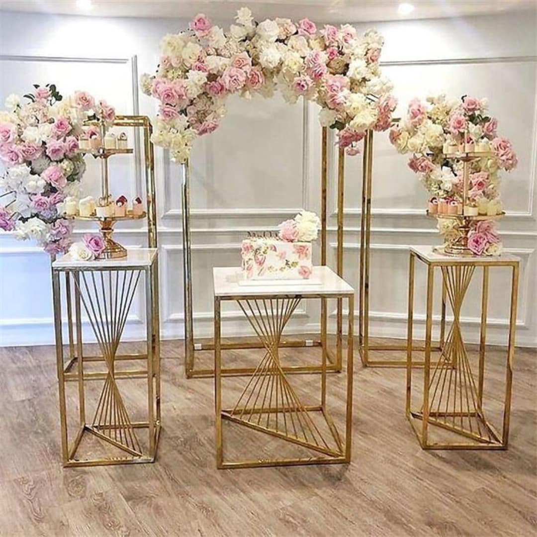 New! Set of 3 Pcs Gold Pedestals-stainless Steel Round Wedding Backdrop ...