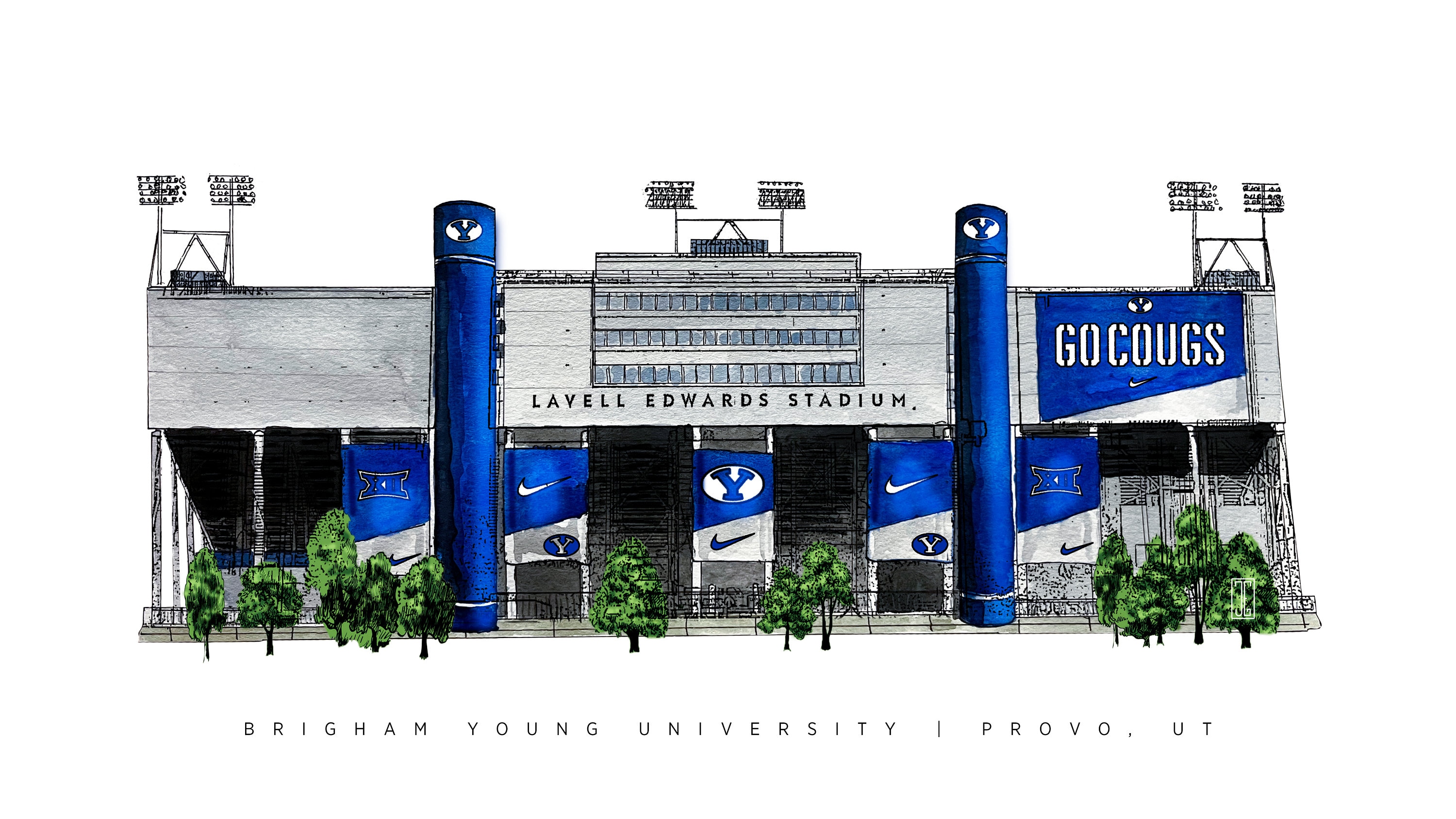 BYU Cougars College Football Lavell Edwards Stadium Venue Watercolor ...