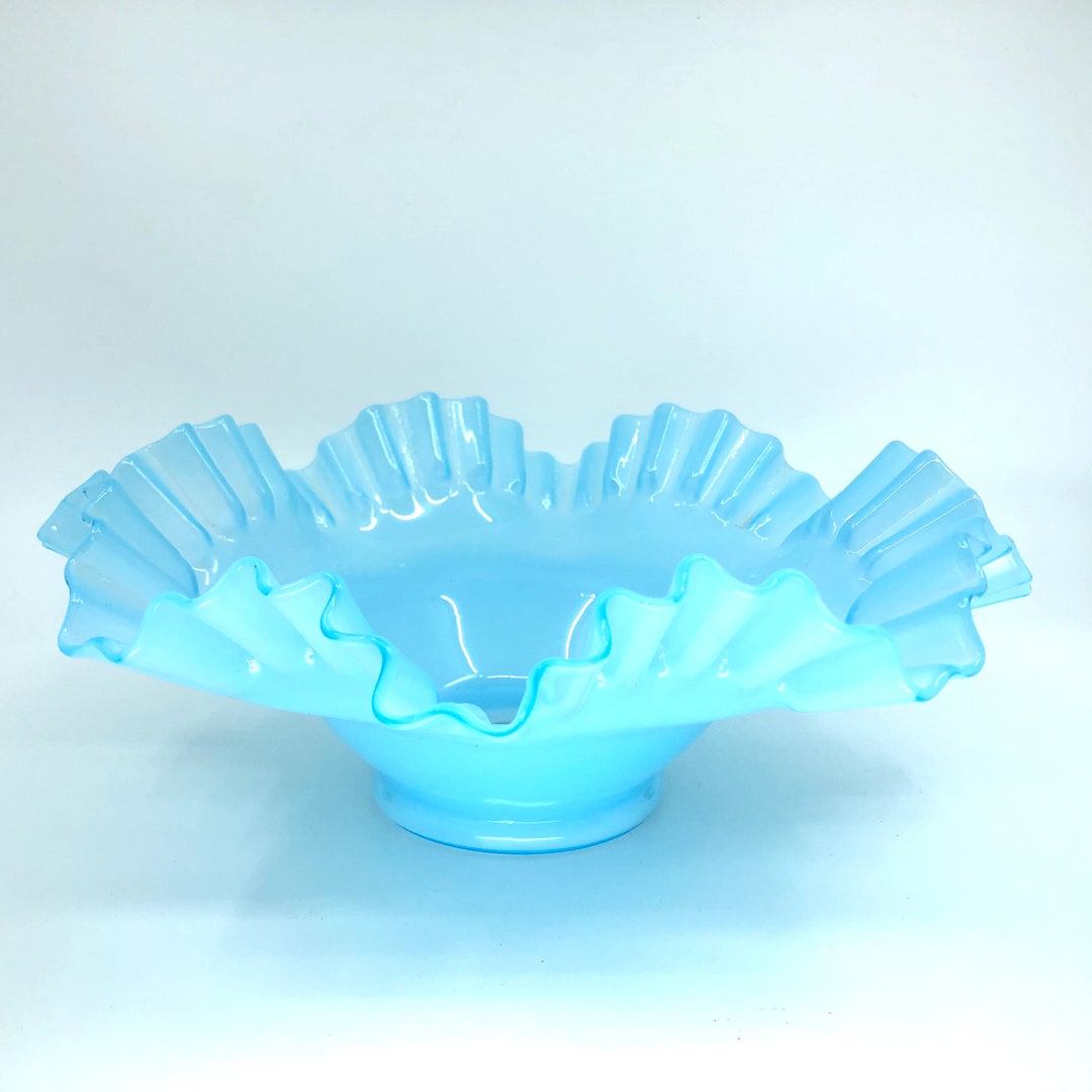 Vintage Fenton Blue Glass Ruffled Opalescent Bowl, Early Vintage Fenton ...