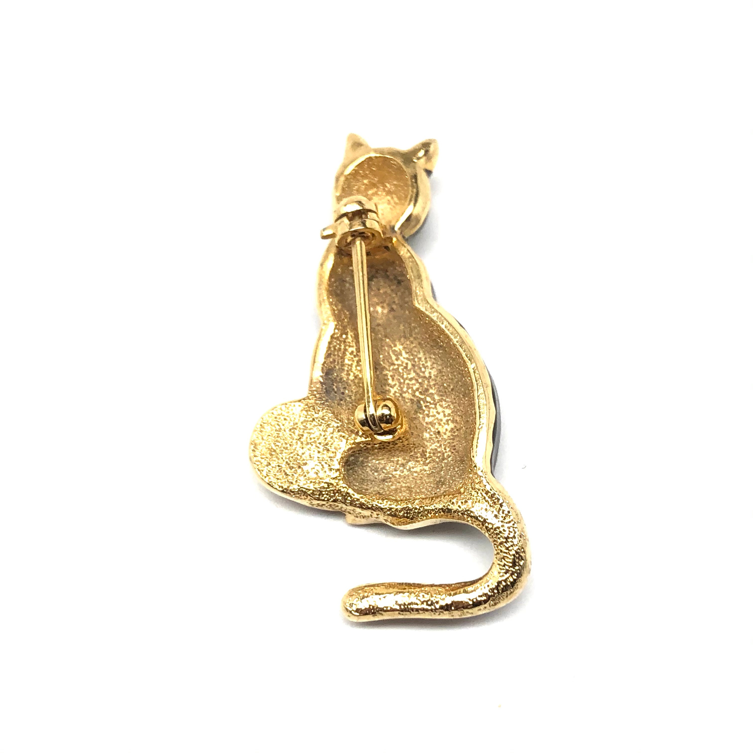 Vintage Black Enameled Cat Brooch Rhinestone Eyes Ball Gold Etsy Uk