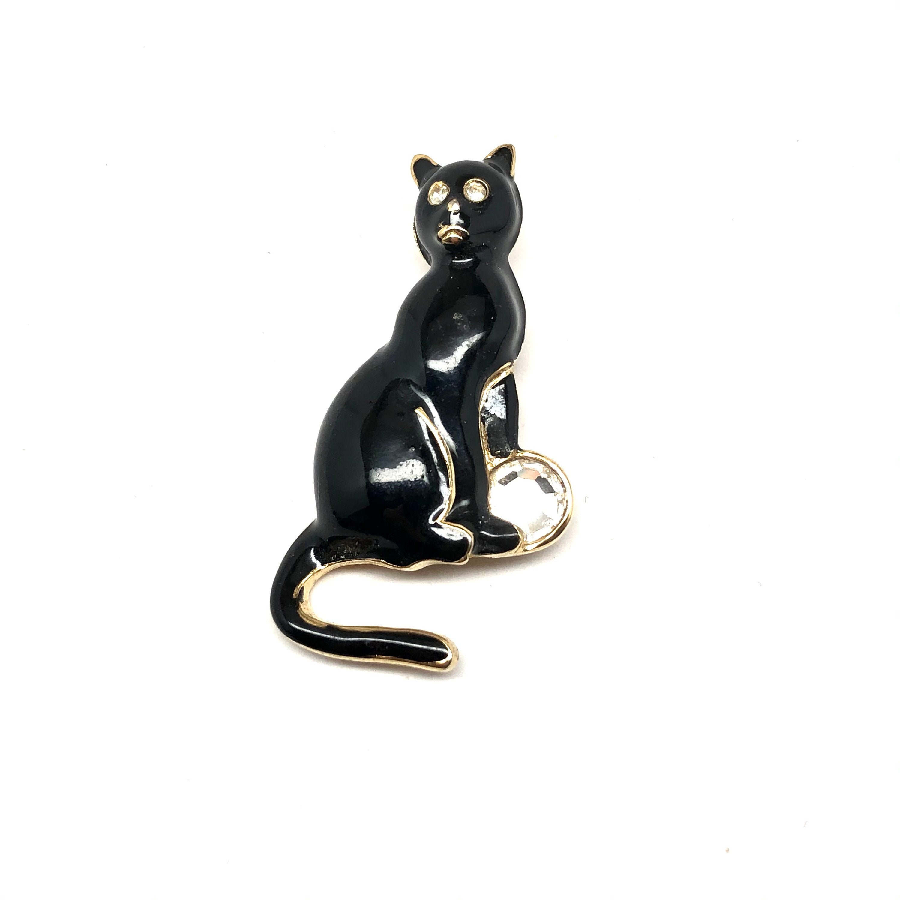 Vintage Black Enameled Cat Brooch Rhinestone Eyes Ball Gold Etsy Uk