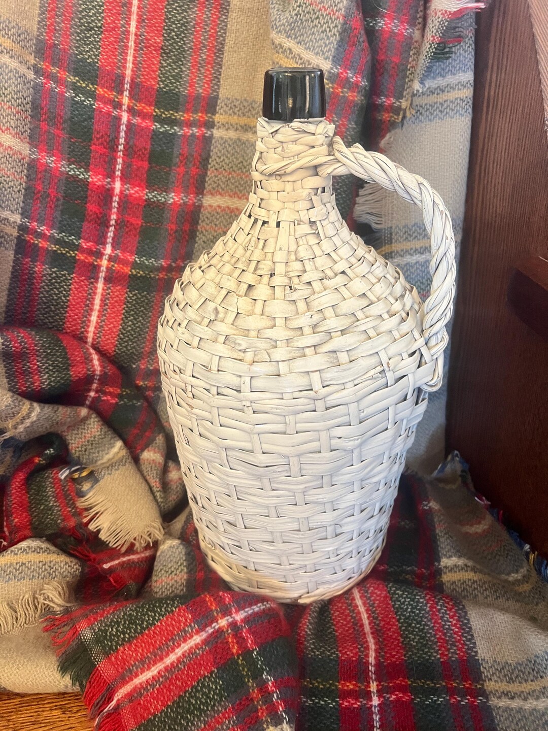 Vintage White Wicker Demijohn Green Glass Bottle Wrapped in Rattan - Etsy