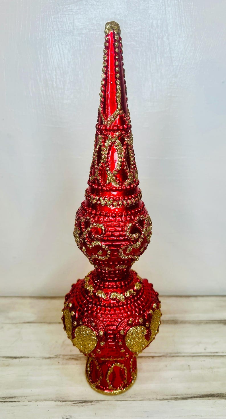Vintage Christmas Beautiful Glittery Red and Gold Tiered Finial Topper ...