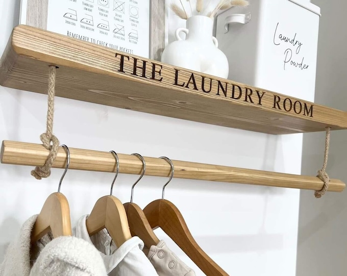 Personalised Engrave Rustic Floating Shelf With Wooden Hanging Rail ...