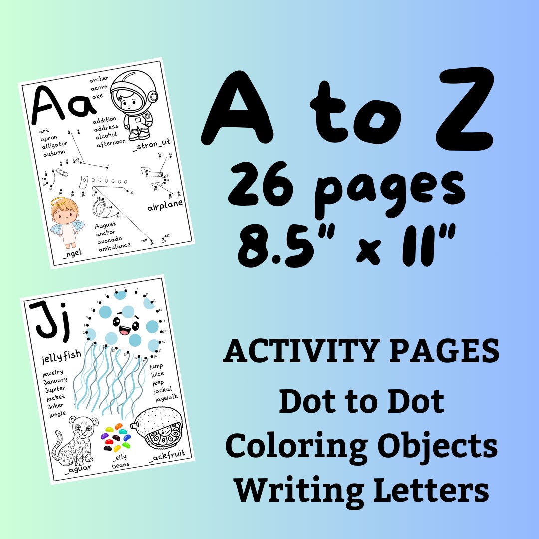 Activity Pages: A to Z dot to Dot-coloring-writing - Etsy
