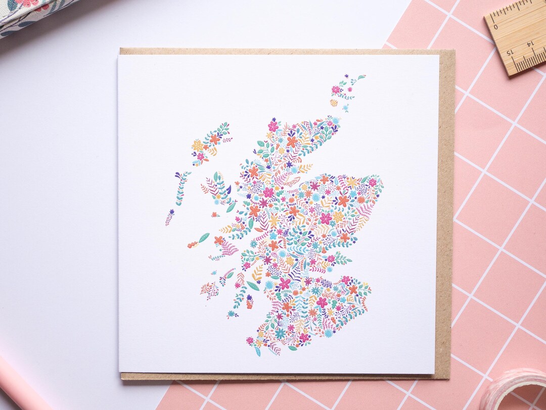 Scotland Map Card With Pink Floral Design – Handmade Greeting Card for ...