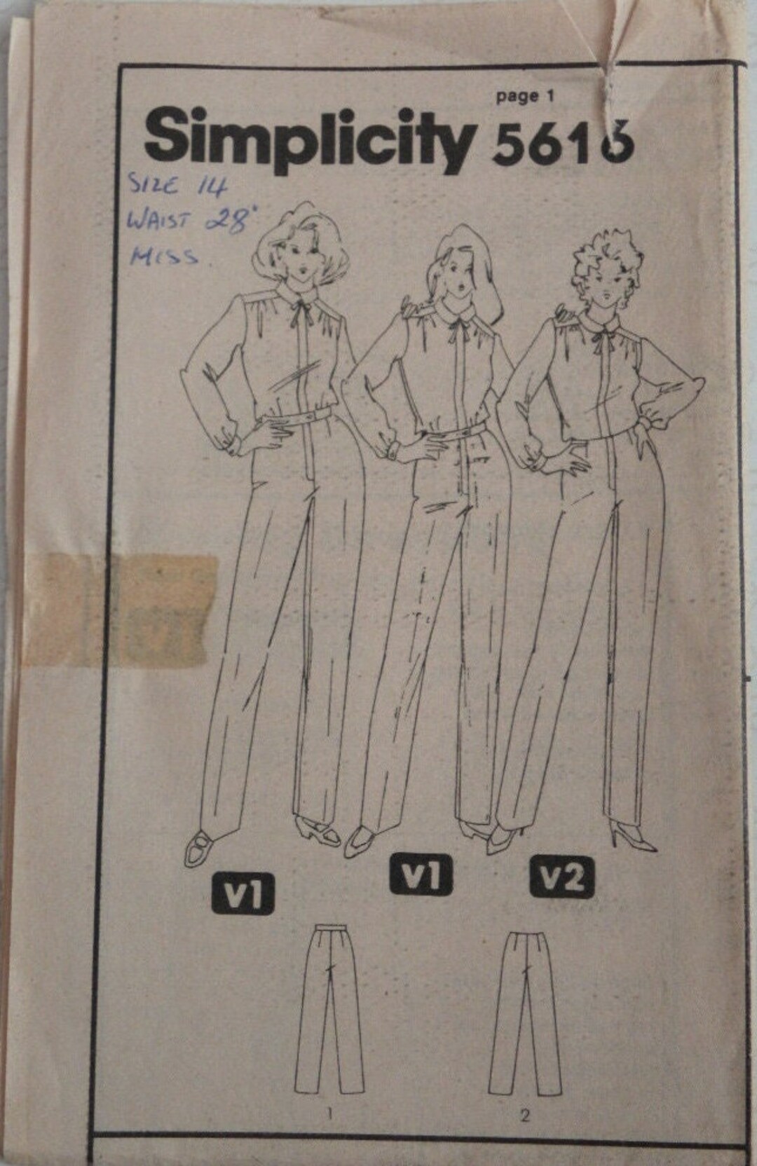 1982 Simplicity 5616 Sewing Pattern Ladies Trousers Uncut Size 14 No ...