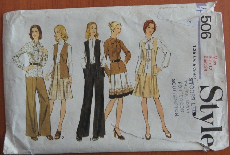 1973 Style 4506 Sewing Pattern Ladies Pleated Skirt Flared Trousers ...