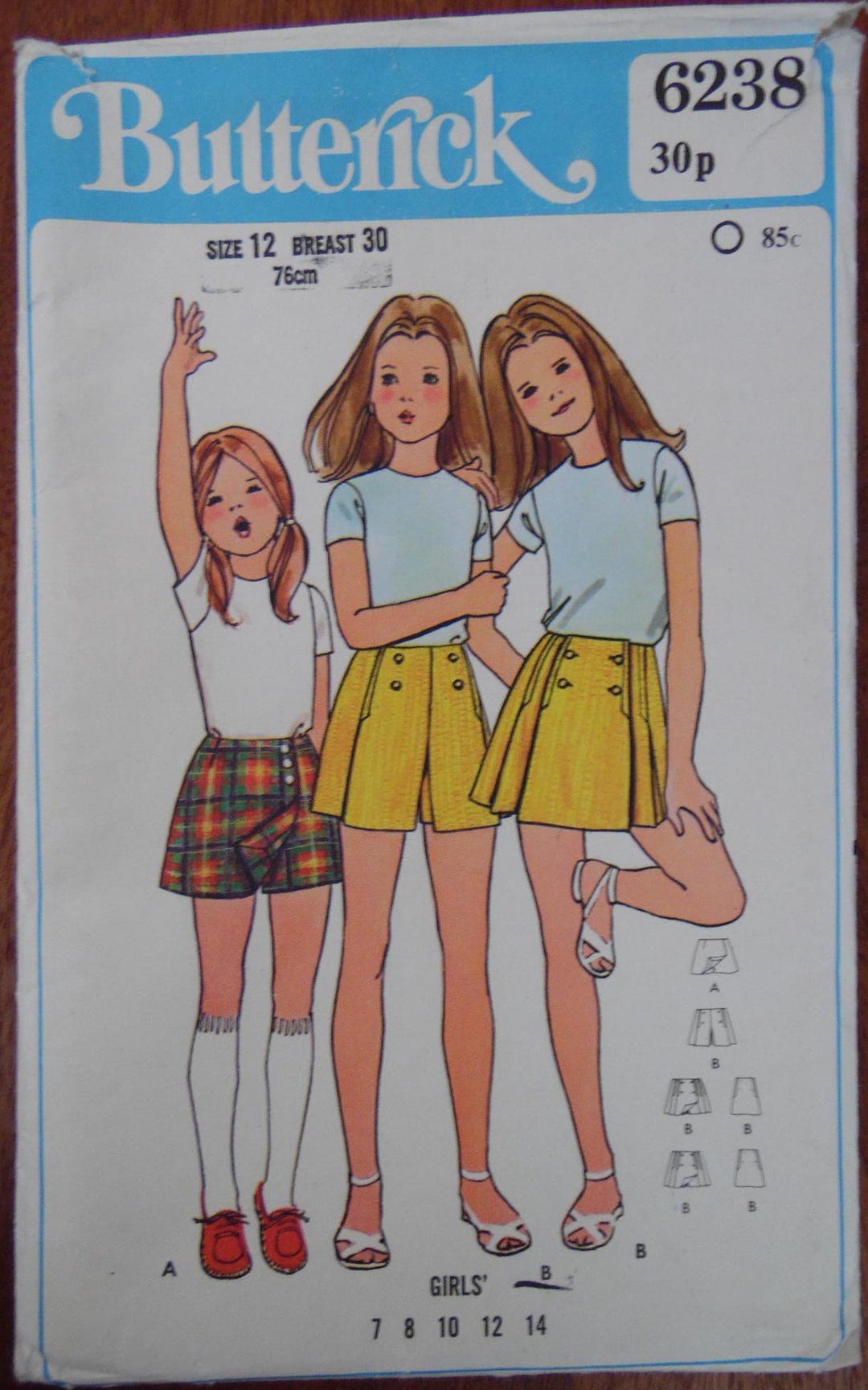 Butterick 6238 Sewing Pattern Girls Child Skort Skirt Shorts Cut Age 12 ...