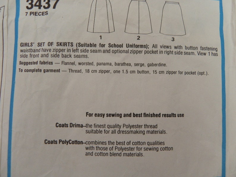 1981 Style 3437 Sewing Pattern Girls School Uniform Skirt A Line Skirt ...