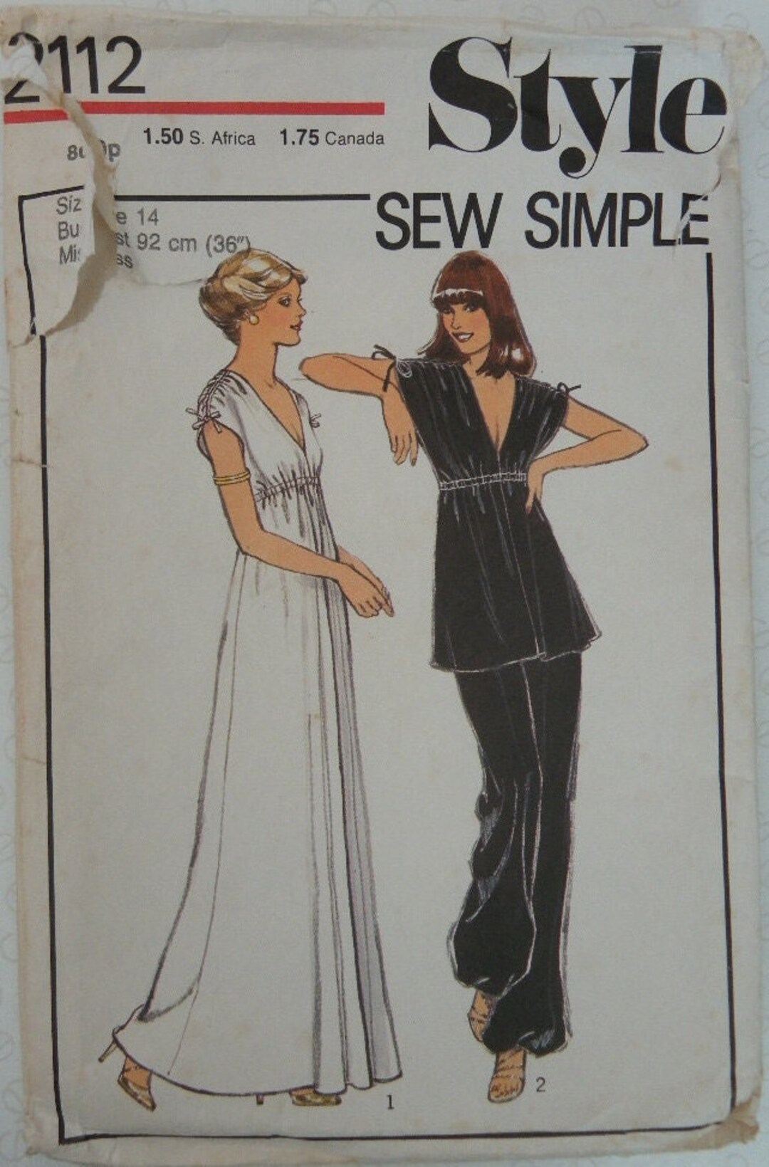 1977 Style 2112 Sewing Pattern Ladies Pullover V Neck Dress Elasticated ...