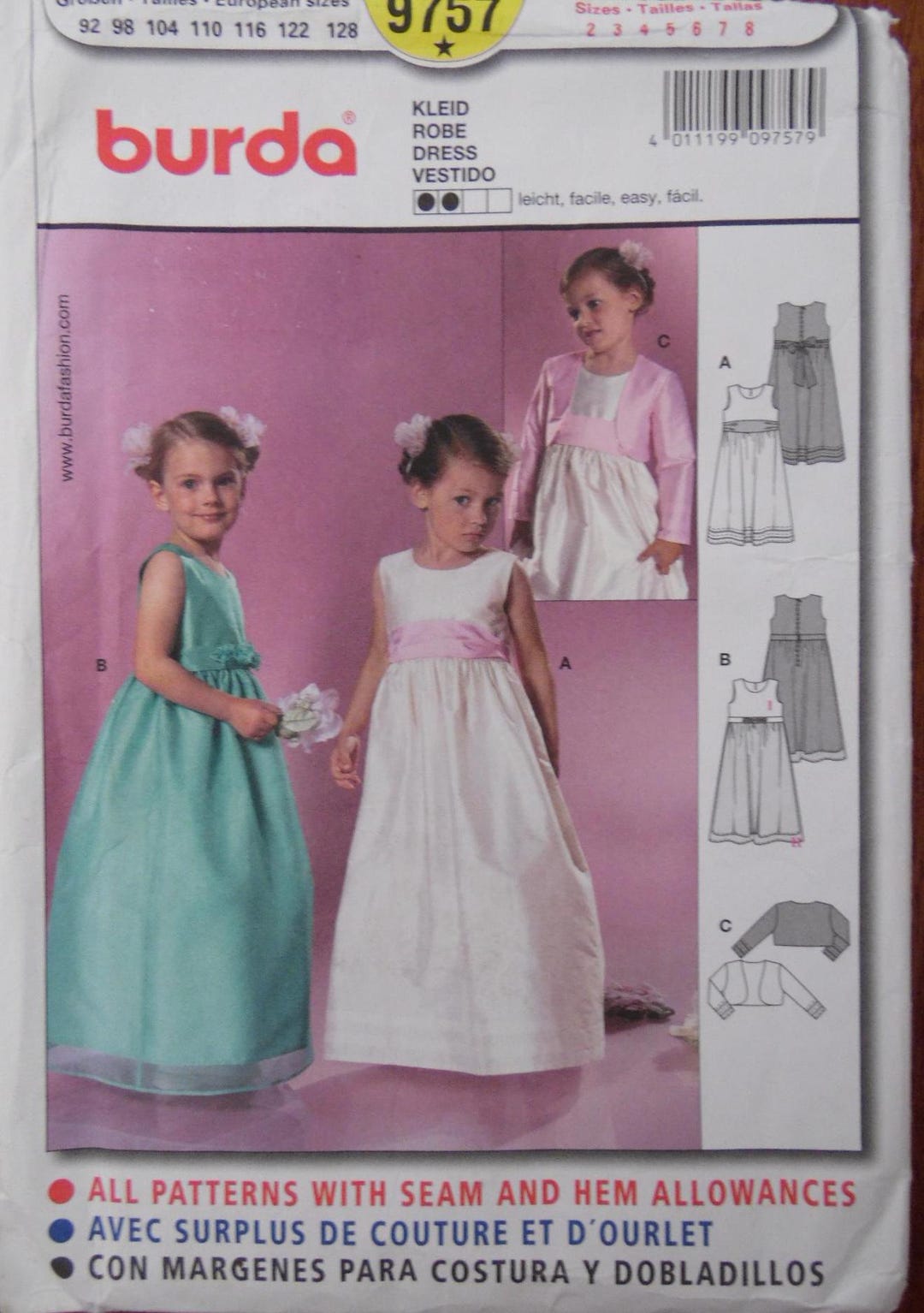 Burda 9757 Sewing Pattern Childs Girls Bridesmaid Party Dress Cut Age 2 ...
