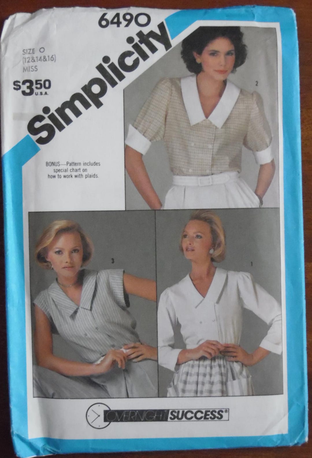 1984 Simplicity 6490 Sewing Pattern Ladies Blouse Shirt Top Uncut Size ...