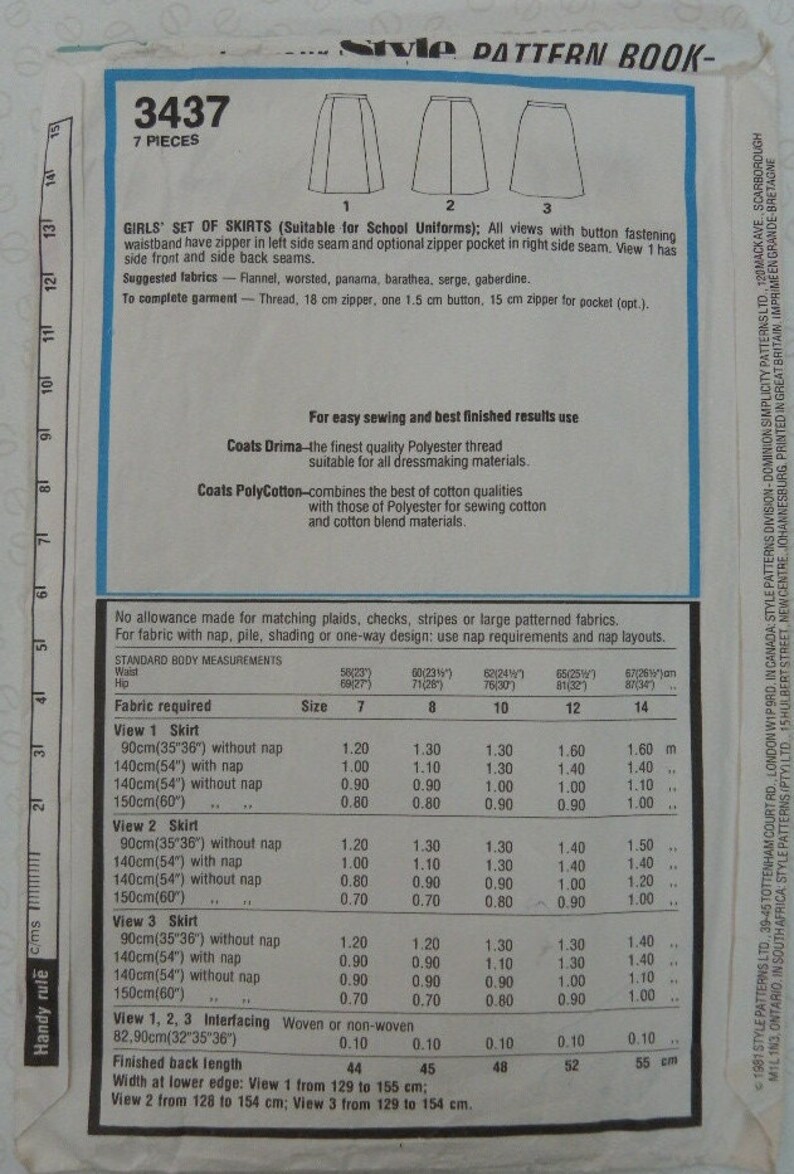 1981 Style 3437 Sewing Pattern Girls School Uniform Skirt A Line Skirt ...