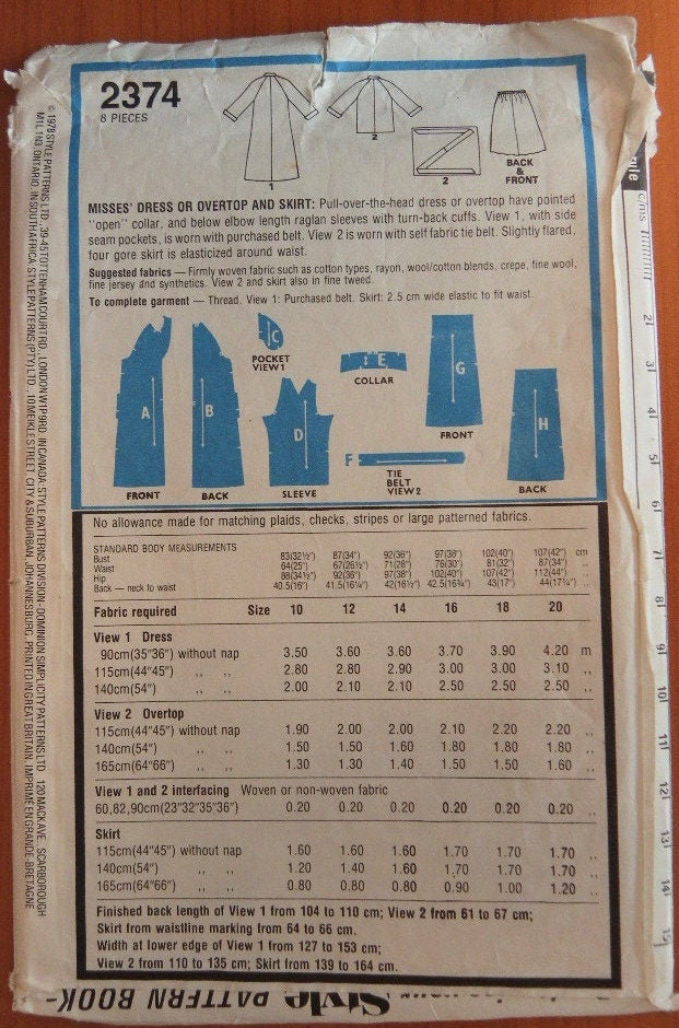 1978 Style 2374 Sewing Pattern Ladies Dress Skirt Top Cut Size - Etsy