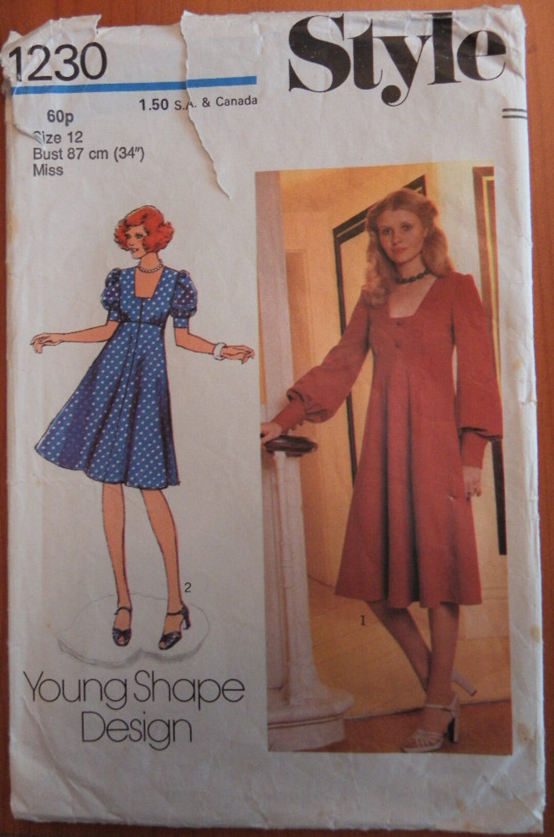 1975 Style 1230 Sewing Pattern Ladies Short Long Sleeved Dress Midi Cut ...